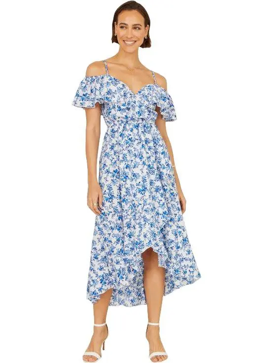 YUMI Floral Print Off-the-shoulder Midi Dress - Blue