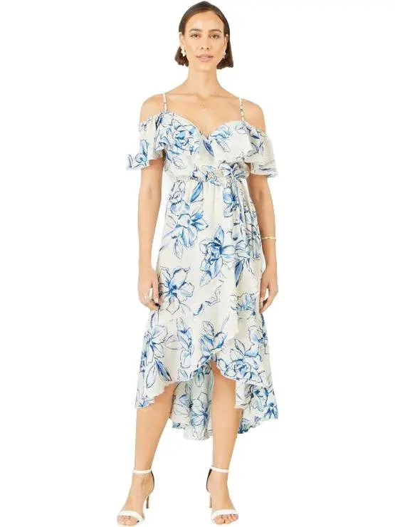 YUMI Floral Print Bardot Midi Dress - White