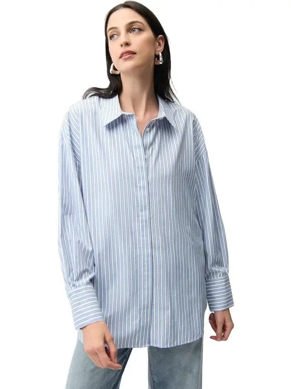 Joseph Ribkoff Tencel Stripe Print Boxy Blouse - Blue/vanilla