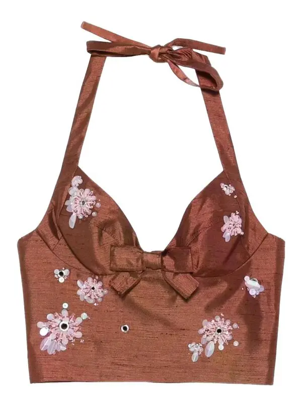 SHUSHU/TONG Bead-embellished Bow-detail Top - Brown