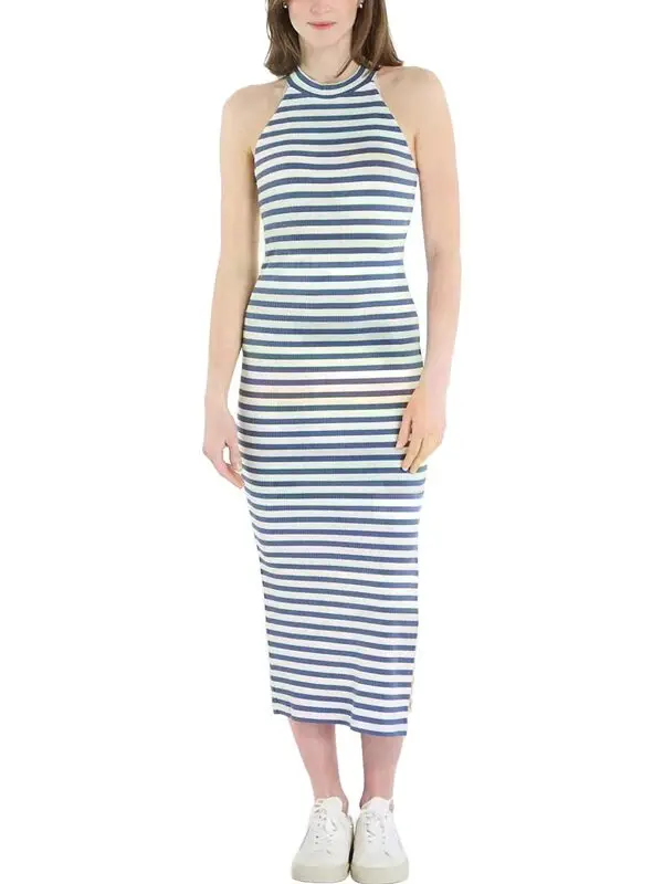 EA7 Striped Ribbed-knit Midi Dress - Blue
