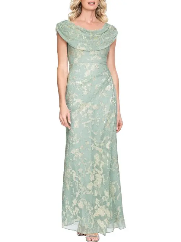 Betsy & Adam Metallic Jacquard Drape Neck Gown - Sage/gold