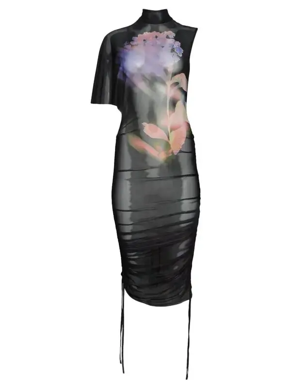 David Koma Printed-mesh Midi Dress - Black