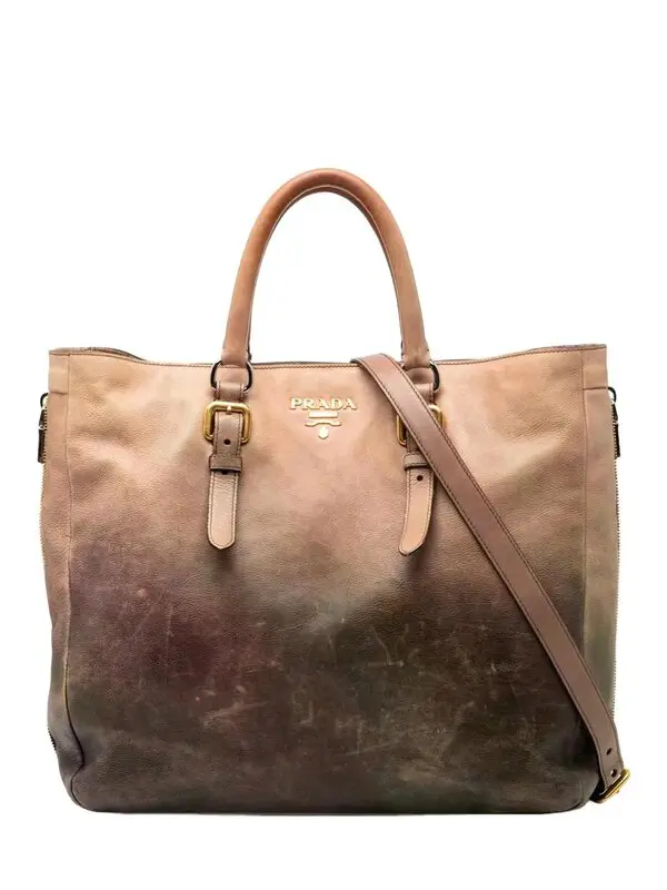 Prada 2000-2013 Ombre Vitello Daino Side Zip Convertible Tote Satchel - Brown