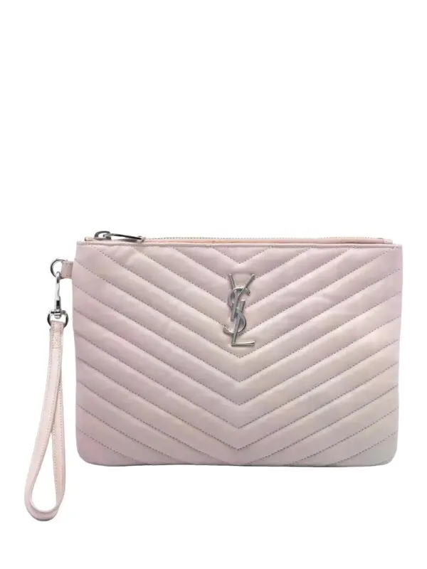 Saint Laurent 2017 Chevron Leather Monogram Wristlet Pouch - Neutrals