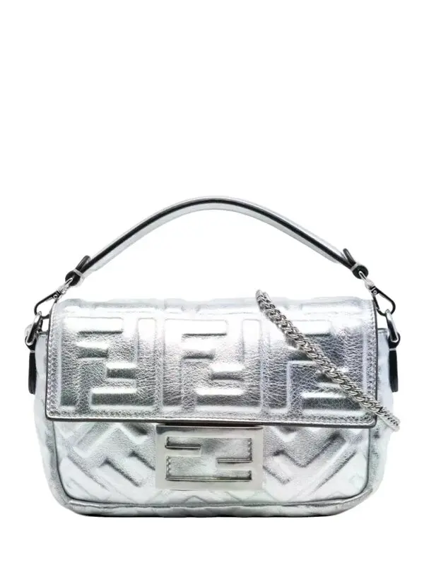Fendi 2010-2026 Mini Zucca Embossed Metallic Leather Baguette Satchel - Silver