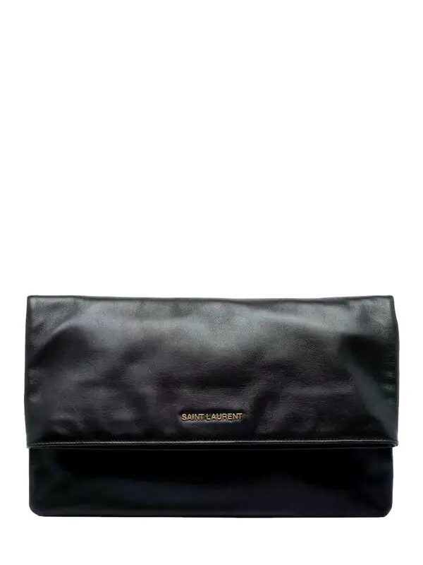 Saint Laurent Leather Letters Fold Over Clutch Bag - Black