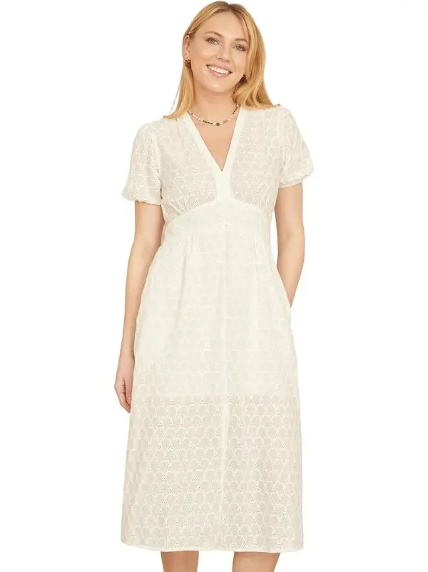 YUMI Broderie Anglaise Midi Dress - White