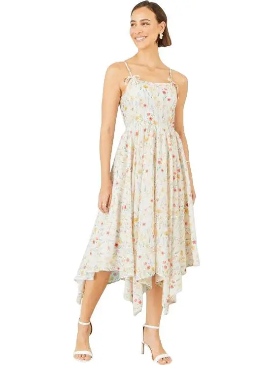 YUMI Botanical Embroidery Midi Dress - White