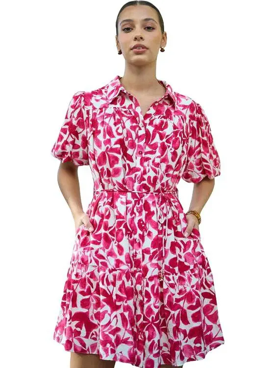 YUMI Floral Print Relaxed Shirt Dress - Pink