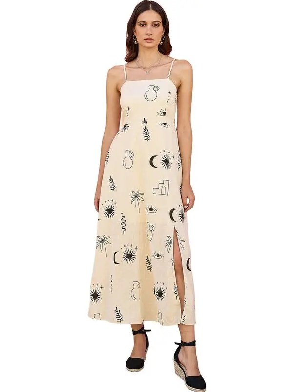 YUMI Mystic Print Cotton Midi Dress - Ivory