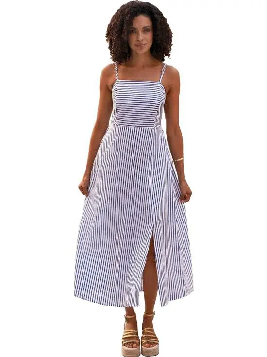 YUMI Cotton Striped Midi Sun Dress - Blue