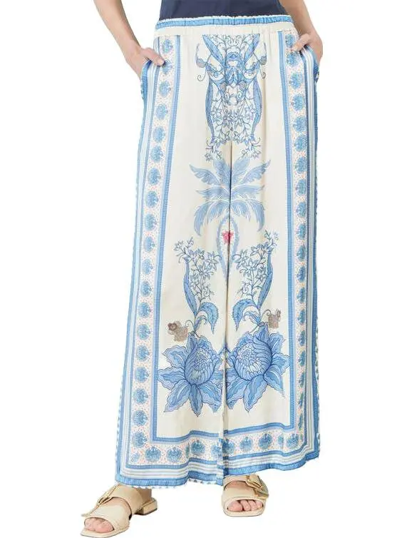 YUMI Satin Print Placement Trousers - Blue