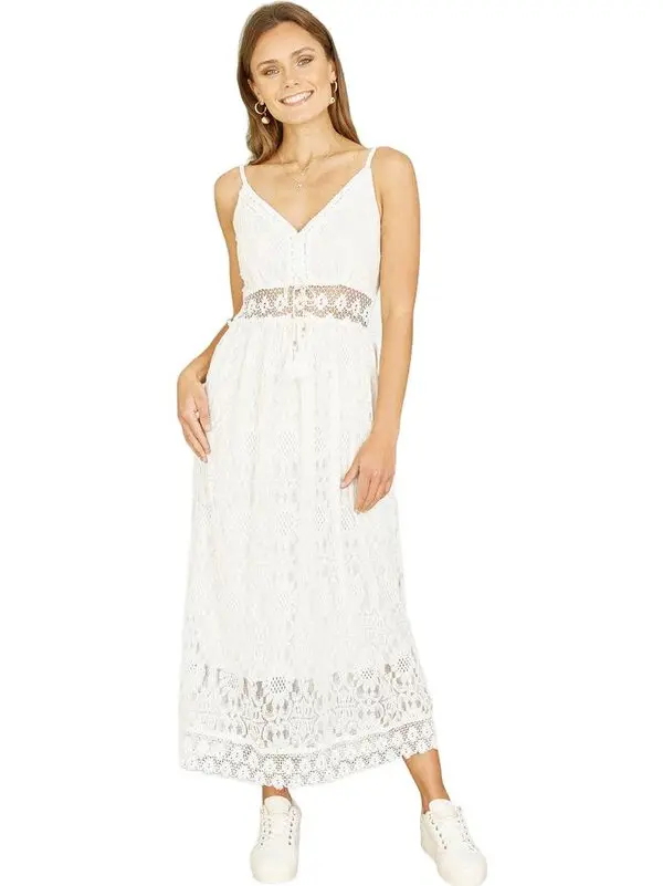 YUMI Lace Embroidered Tassel Tie Midi Dress - White