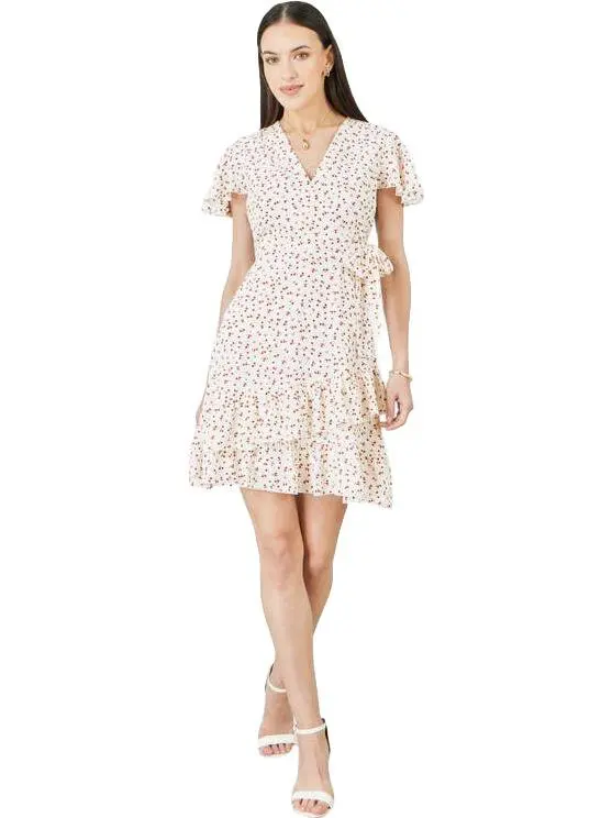 YUMI Ditsy Print Frill Wrap Dress - White