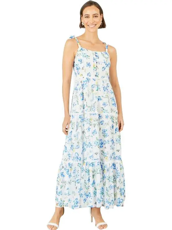 YUMI Butterfly Print Lace Trim Maxi Dress - White