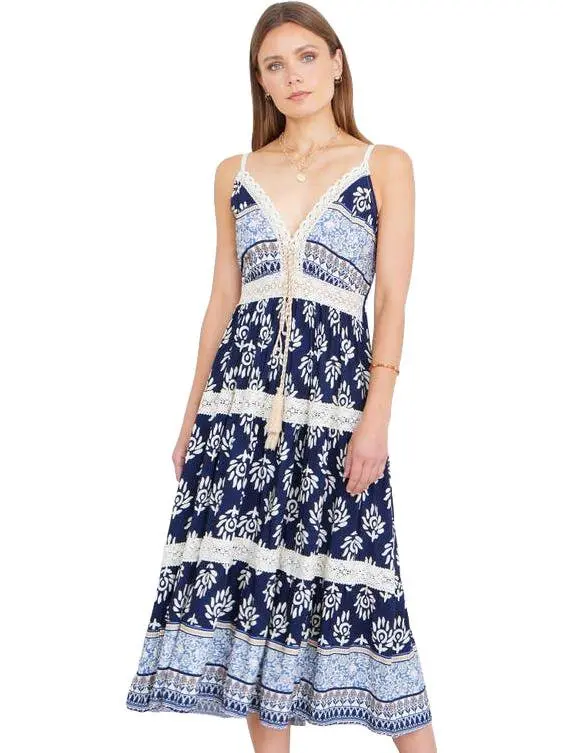 YUMI Paisley Print Midi Sun Dress - Navy