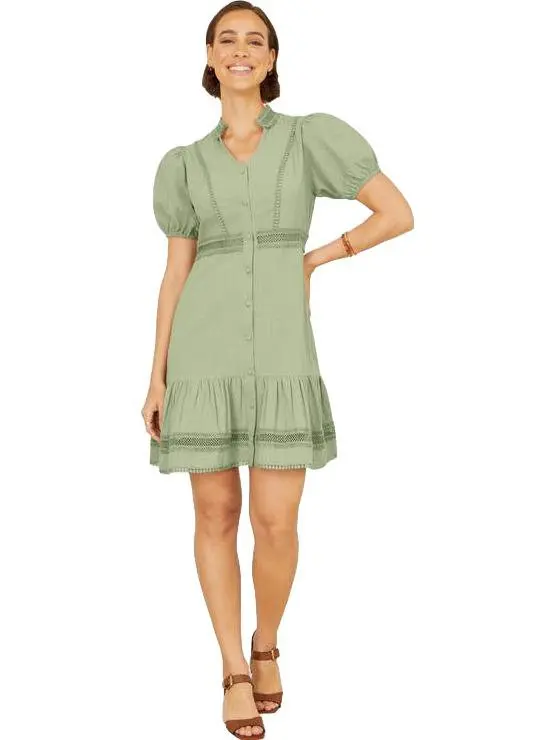 YUMI Cotton Lace Trim Skater Shirt Dress - Mint Green