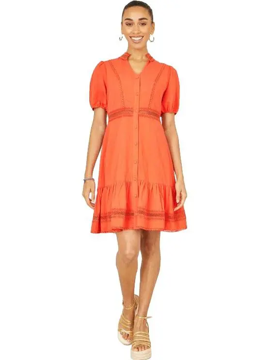 YUMI Cotton Lace Trim Skater Shirt Dress - Orange