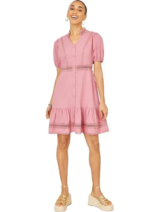 YUMI Cotton Lace Trim Skater Shirt Dress - Rose Pink