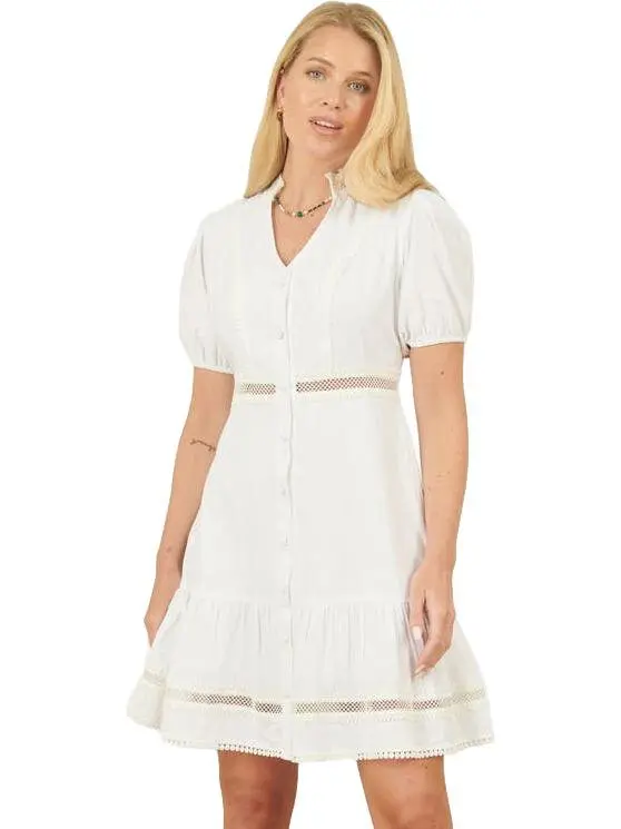 YUMI Cotton Lace Trim Skater Shirt Dress - White