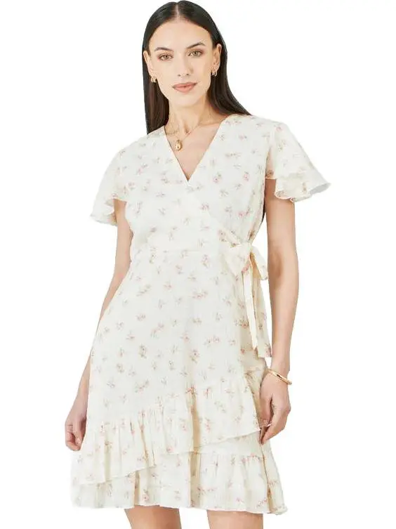 YUMI Rose Print Frill Dress - White