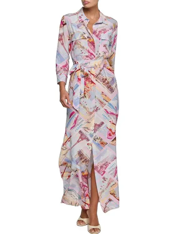 L'Agence Cameron Print Silk Maxi Shirtdress - Pink Postcard Print