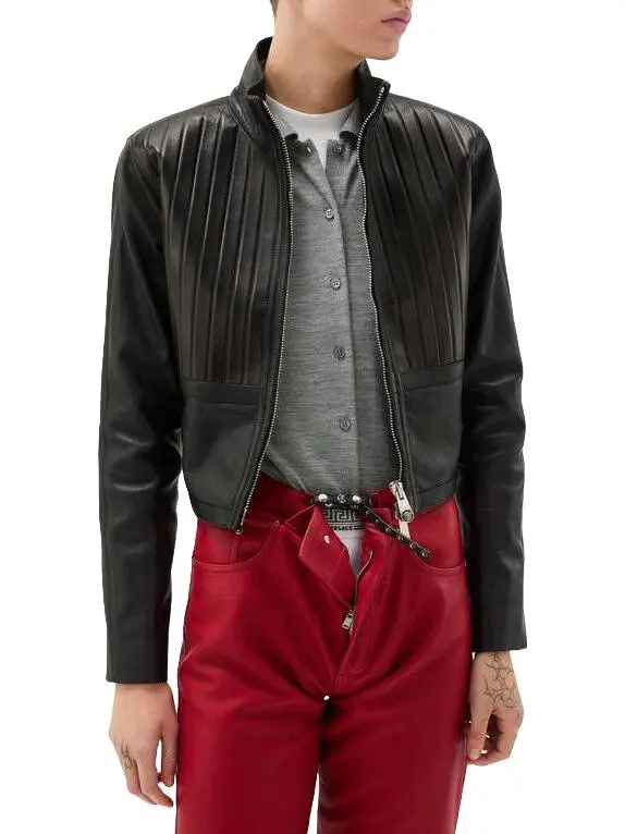 Versace Cropped Plonge Leather Jacket - Black