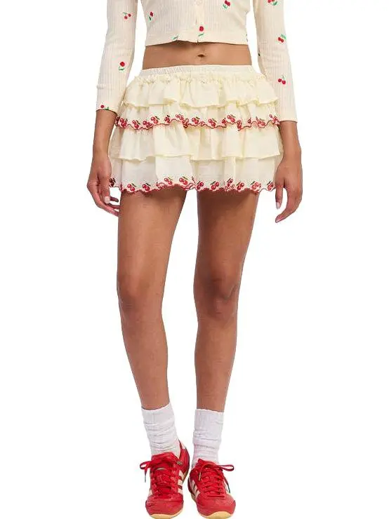 JACQUIE THE LABEL Embroidered Tiered Mini Skirt - Yellow/red