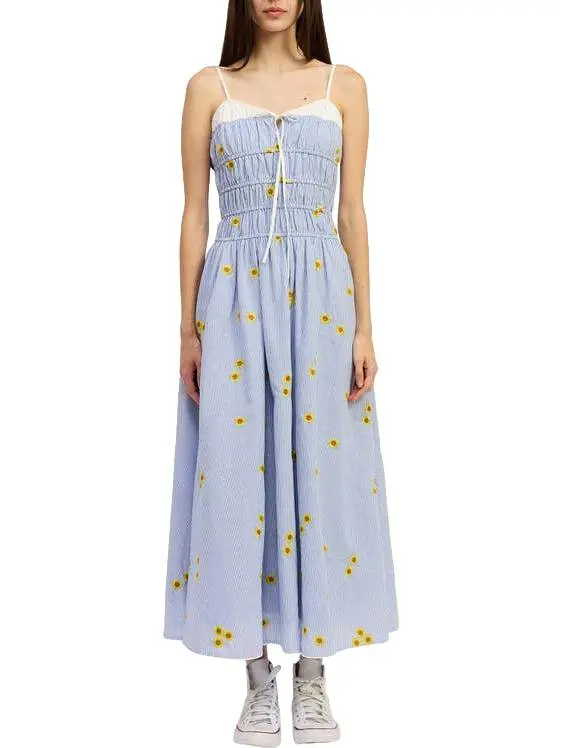 JACQUIE THE LABEL Embroidered Stripe Maxi Dress - Blue Yellow
