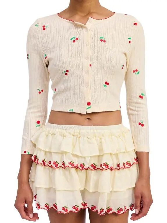 JACQUIE THE LABEL Embroidered Cotton Pointelle Cardigan - Yellow Red