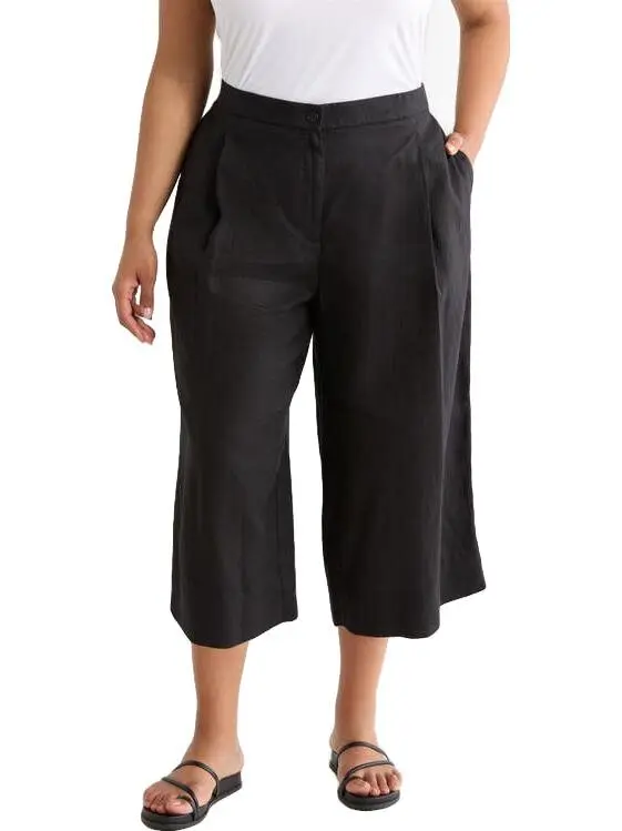 Eileen Fisher High Waist Organic Linen Crop Wide Leg Pants - Black