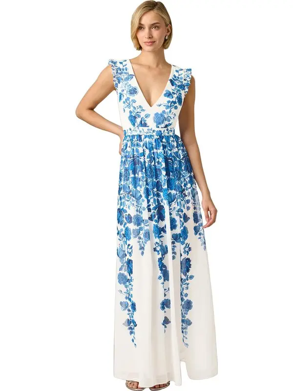 Adrianna Papell Chiffon Floral Vine Border Print Gown - Ivory/blue
