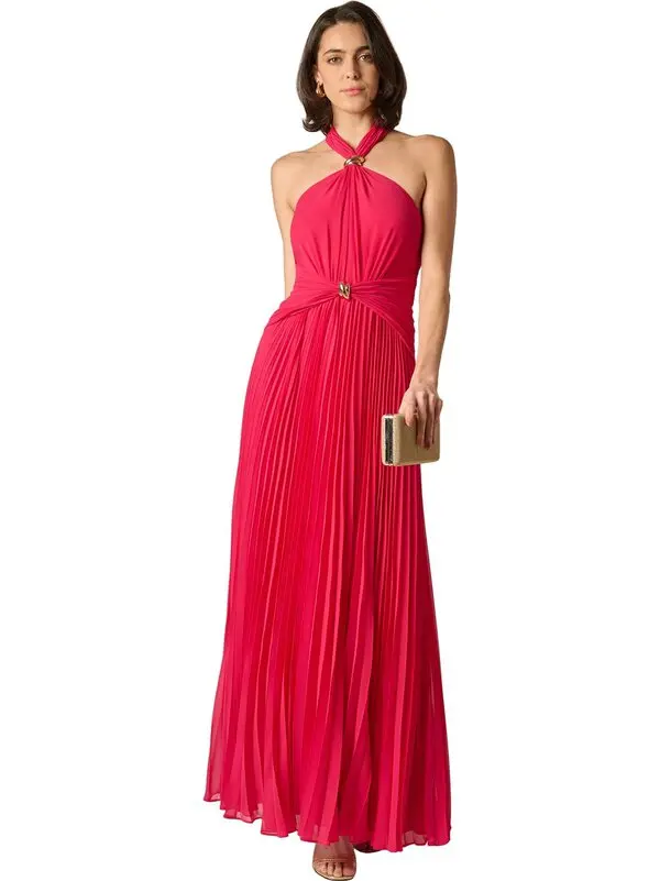 Aidan Mattox Pleated Chiffon Hardware Halter Gown - Pink Cherry