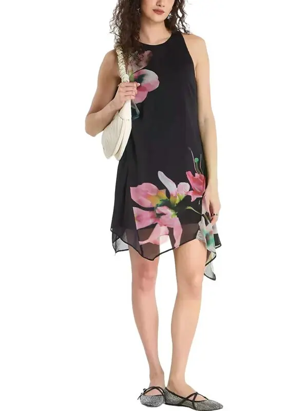 Desigual Floral-print Asymmetric Mini Dress - Black