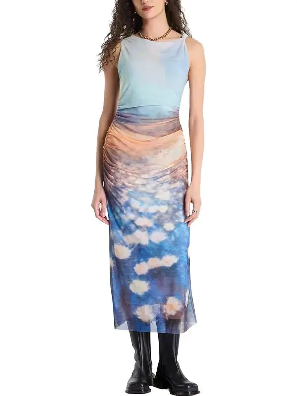 Desigual Cloud-print Ruched Dress - Blue