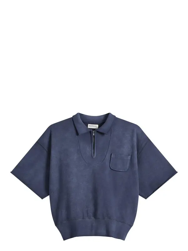 BEAMS Half Zip Distressed Cotton Sweater - Navy