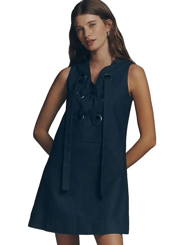 English Factory Denim Mini Dress With Ring Detail - Dark Denim