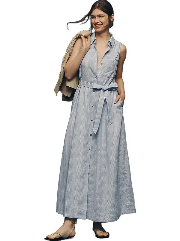 Maeve Mona Cotton Shirt Dress - Blue/white/black Stripe