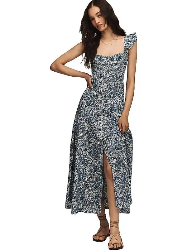 PILCRO Cotton Buttondown Midi Dress - Blue Floral