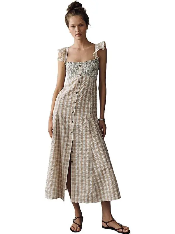 PILCRO Cotton Button-front Midi Dress - Brown Pattern