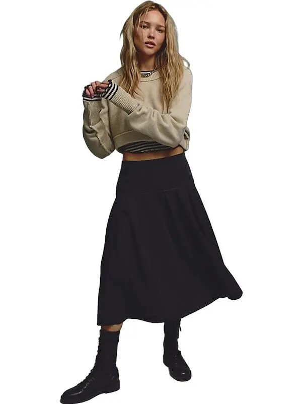 Free People We The Free Skipper Pleated Chino Midi Skirt - Black