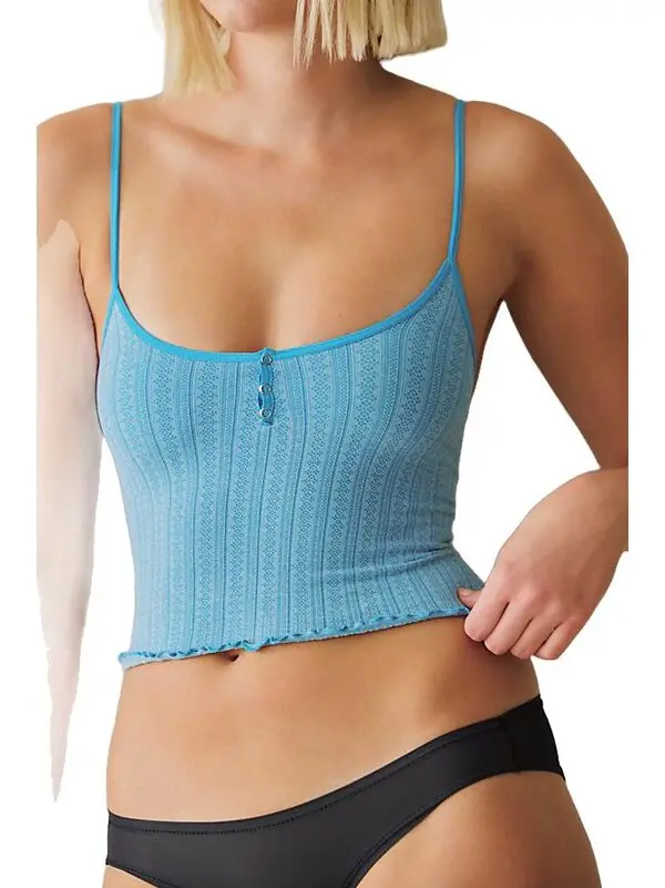 Free People Fitted Henley Crop Camisole With Scoop Neck And Lettuce Trim - Blissful Blue