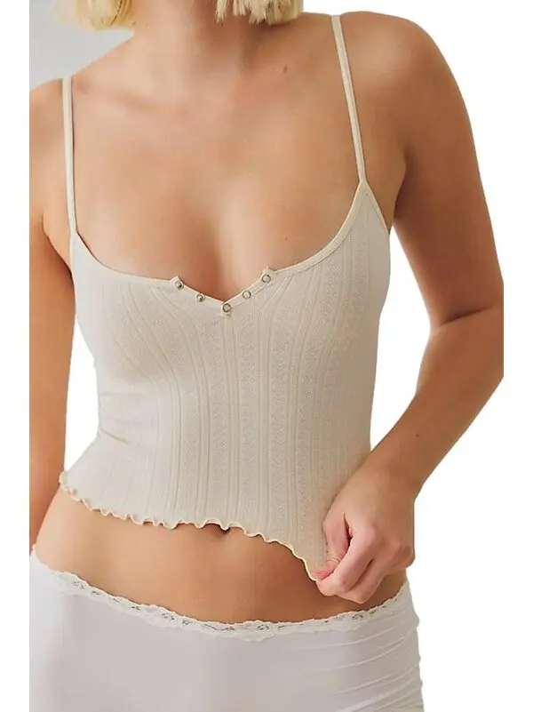Free People Fitted Henley Crop Camisole With Scoop Neck And Lettuce Trim - Pearled Ivory