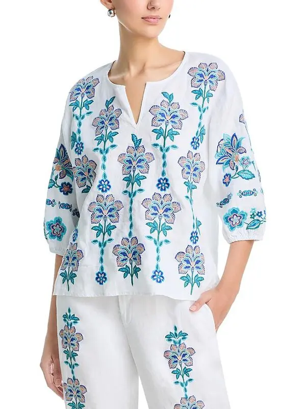 Johnny Was Split Neck Linen Blouse - White