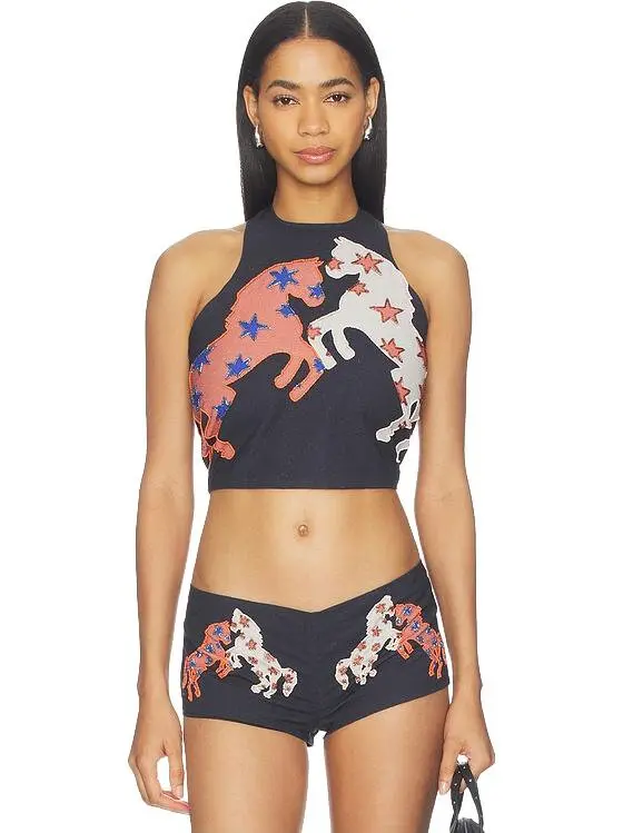 UNDERSTATED LEATHER X Revolve Beaded Horse Top - Navy