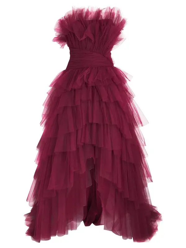 Pamella Roland Tulle Sleeveless Gown - Burgundy