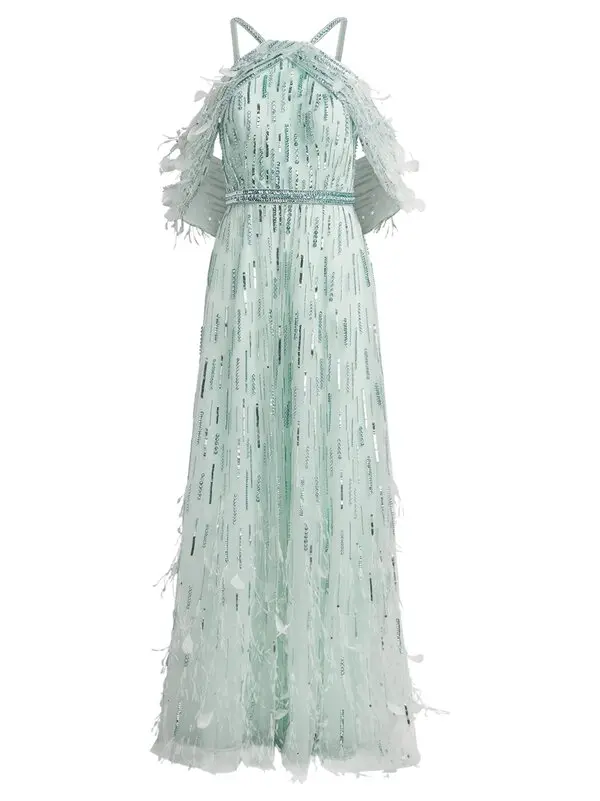 Pamella Roland Feather-trim Embellished Gown - Blue