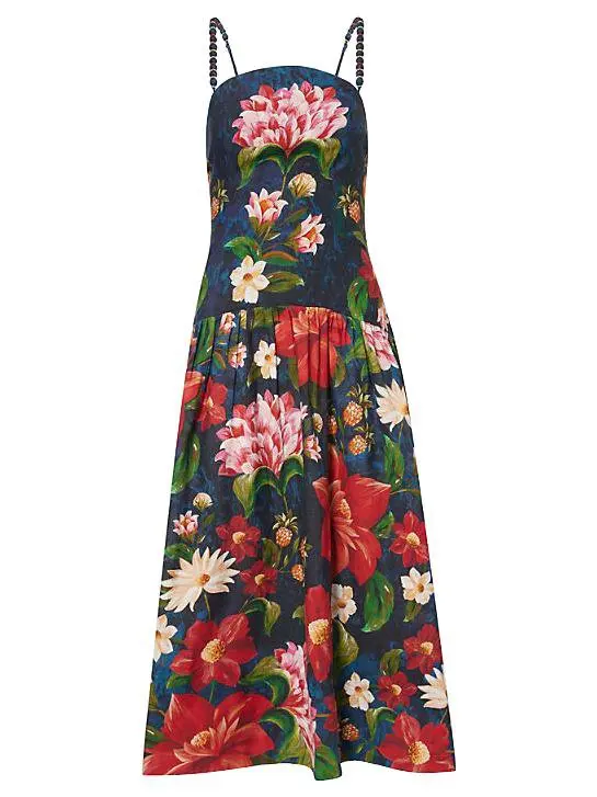 Barbour X Farm Rio Floral Linen Midi Dress - Navy Wild Flower Print