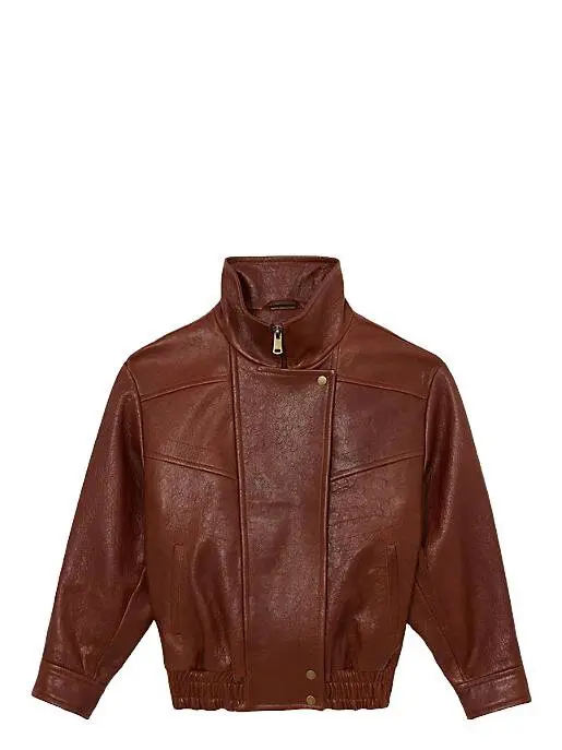REISS Petra Oversized Leather Jacket - Chestnut Brown